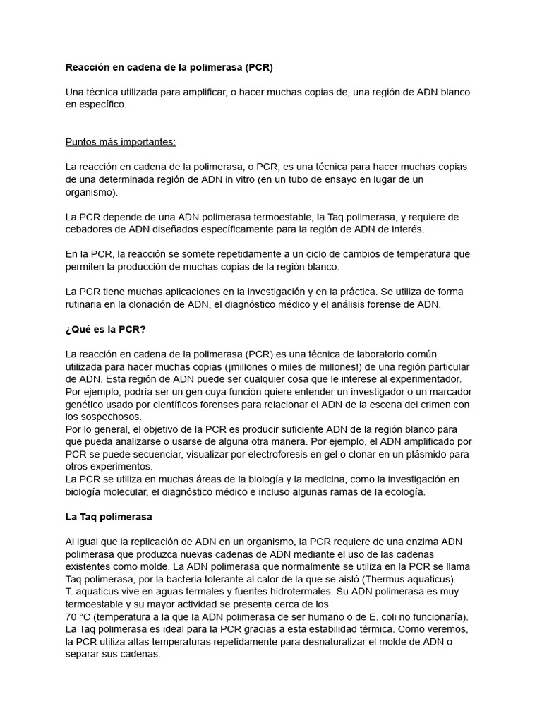 Reacción en Cadena de La Polimerasa (PCR) - 1 | PDF