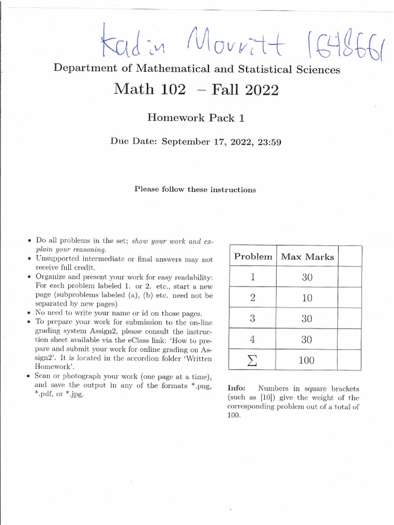 Math 102 2022 Assign 1 1648661 | PDF