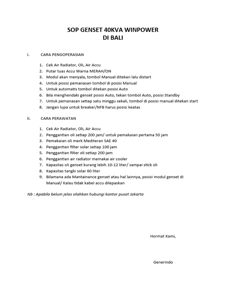 Sop Genset 40kva Winpower | PDF
