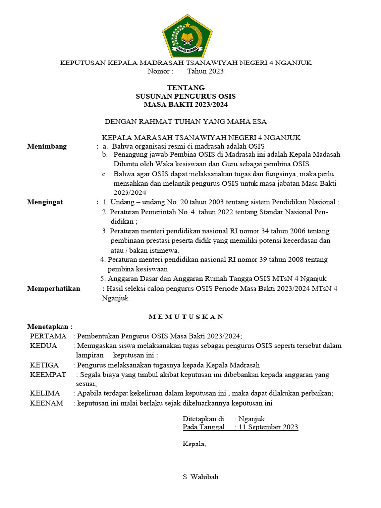 SK Osis Masa Bakti 2023 - 2024 | PDF