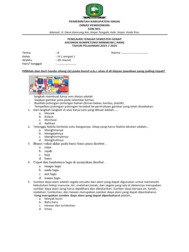 Soal PTS Kls 4 SMTR 2 2024 | PDF