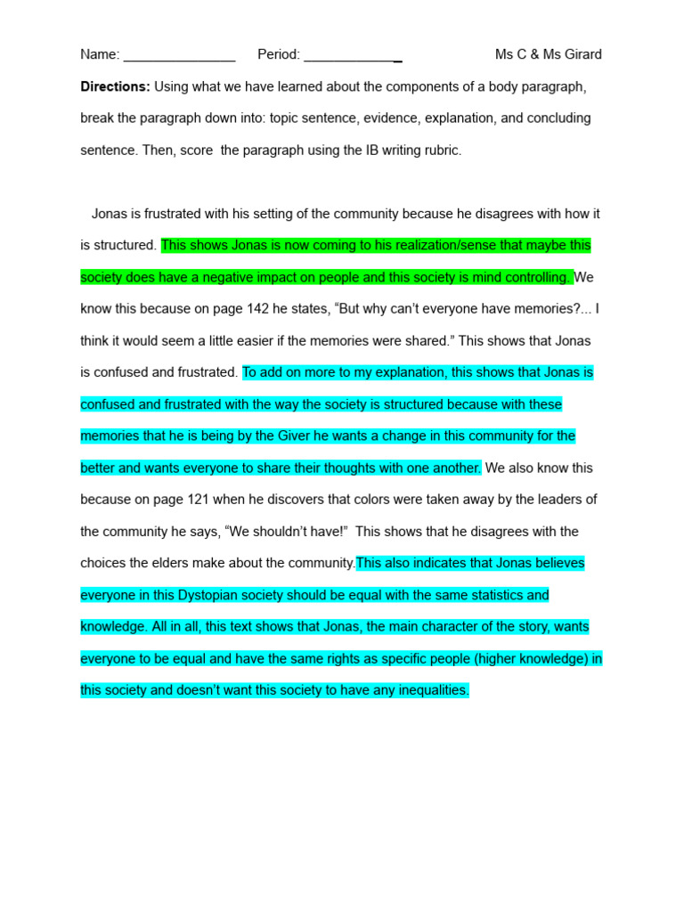 Copy Student Work Example - The Giver Body Paragraph Revision | PDF