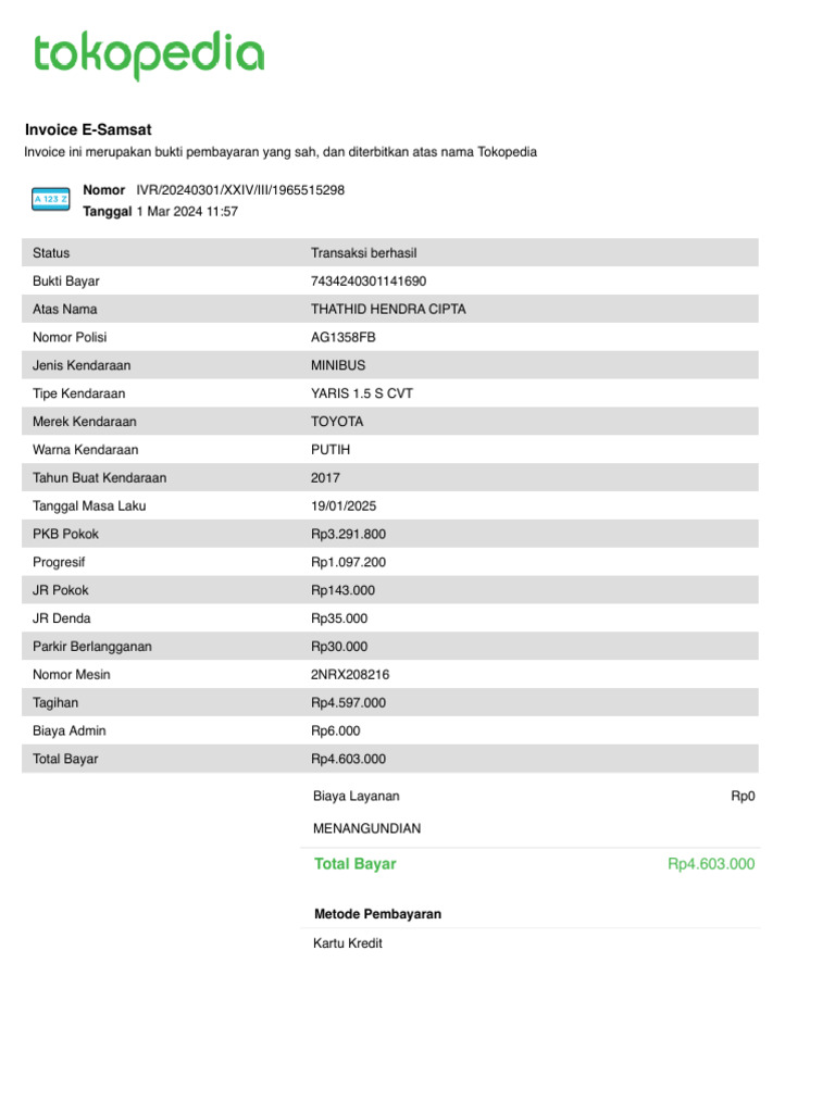 Contoh Invoice-1965362027 Pajak Samsat Tomkped | PDF