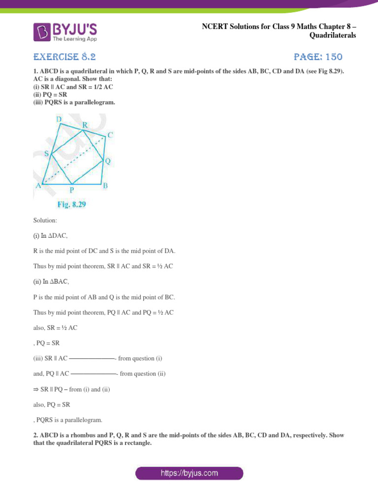Class 9 Maths: Quadrilaterals Solutions | PDF | Rectangle | Elementary Mathematics