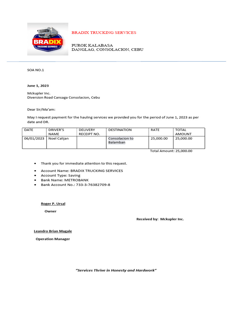 Purok Kalabasa Danglag, Consolacion, Cebu: Bradix Trucking Services | PDF