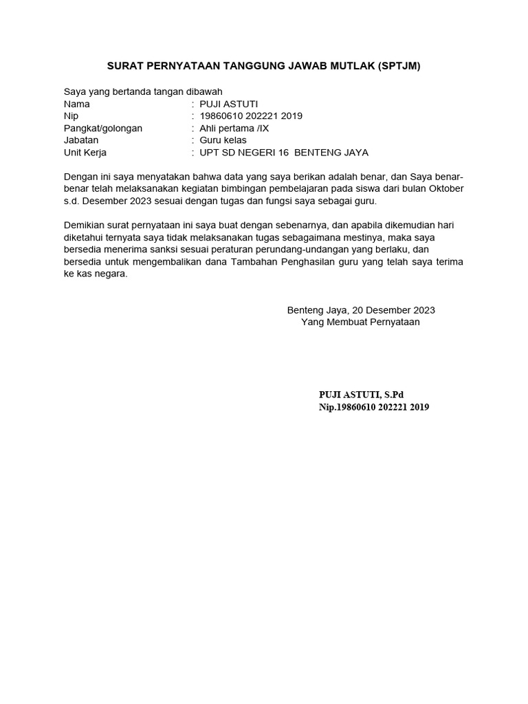 Surat Pernyataan Tanggung Jawab Mutlak (SPTJM) | PDF