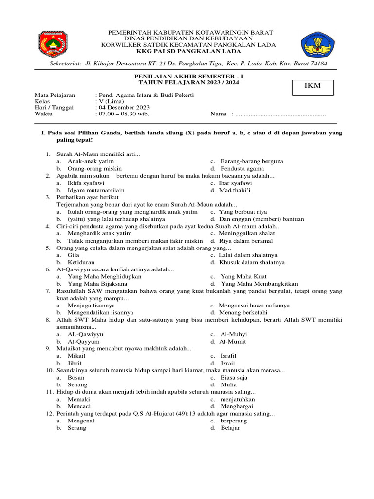 SOAL Ulangan PAI Kls 5 IKM SMT 1 (IKM) 2023 | PDF