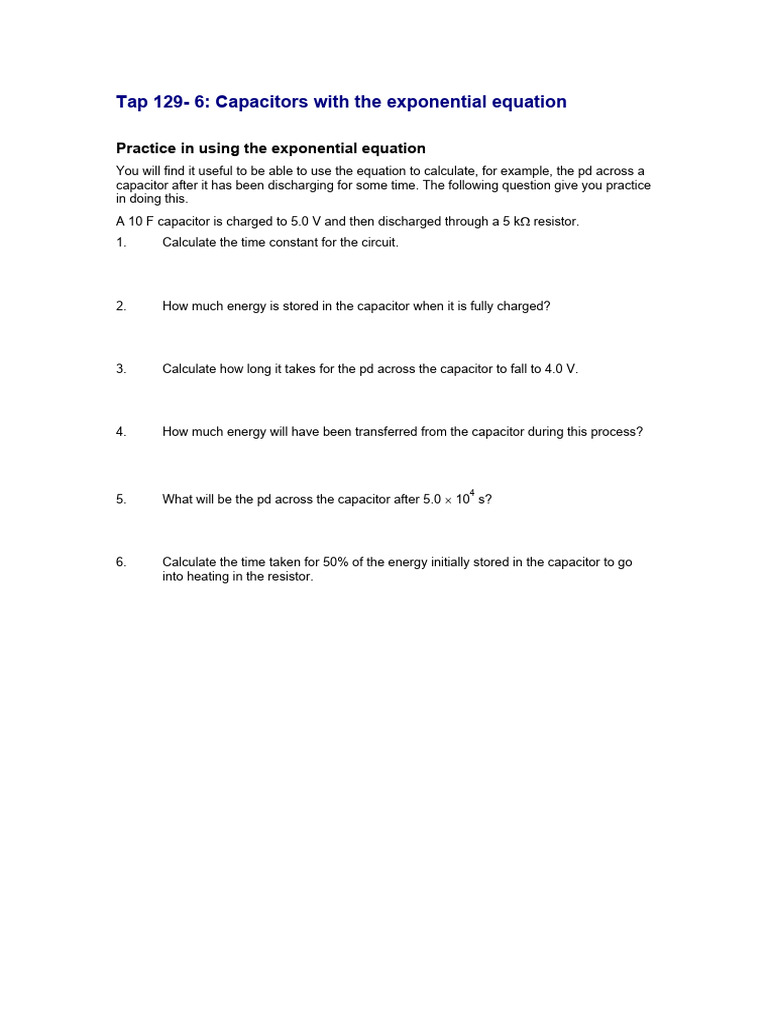 Capacitor Discharge Calculations Guide | PDF | Capacitor | Equations