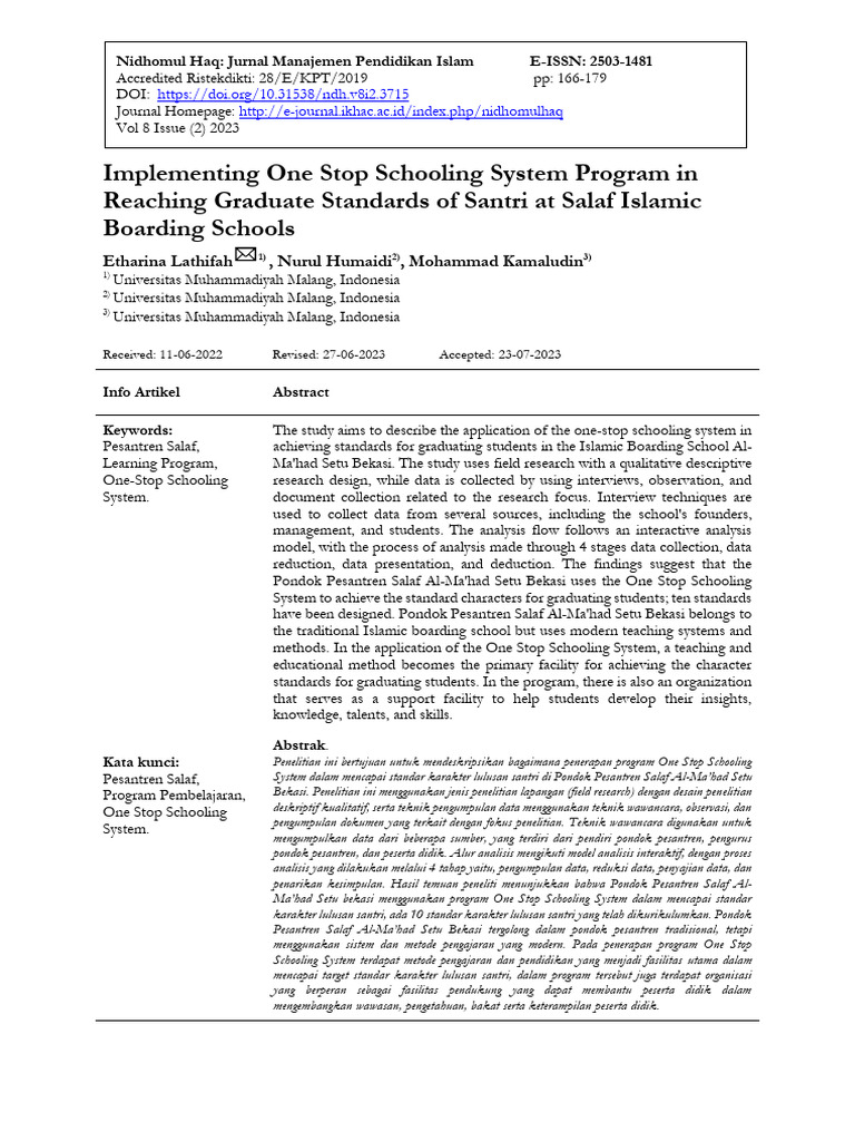 2019, ETHARINA, Implementing One Stop Schooling System Program in Reaching Graduate Standards of ...