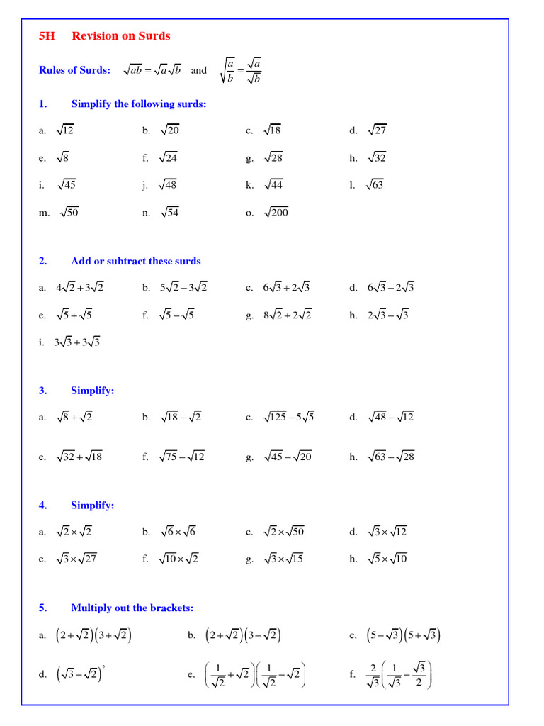 Worksheet On Surds Pdf