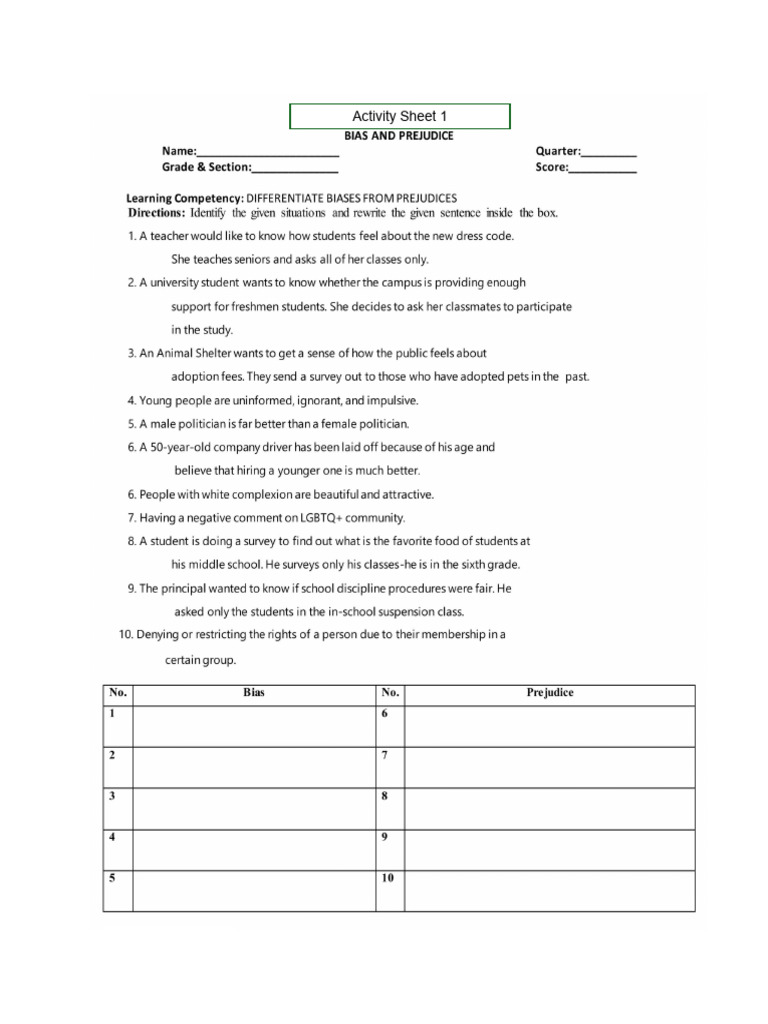 Bias and Prejudice Activity Sheet | PDF