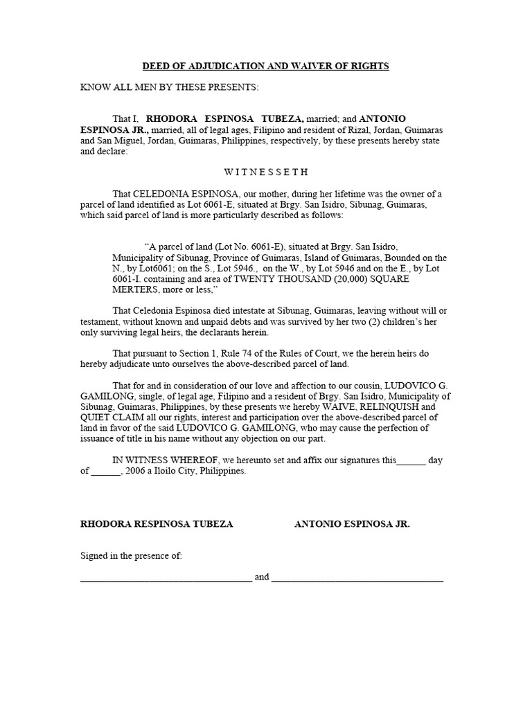 Deed of Adjudication and Waiver of Rights | PDF