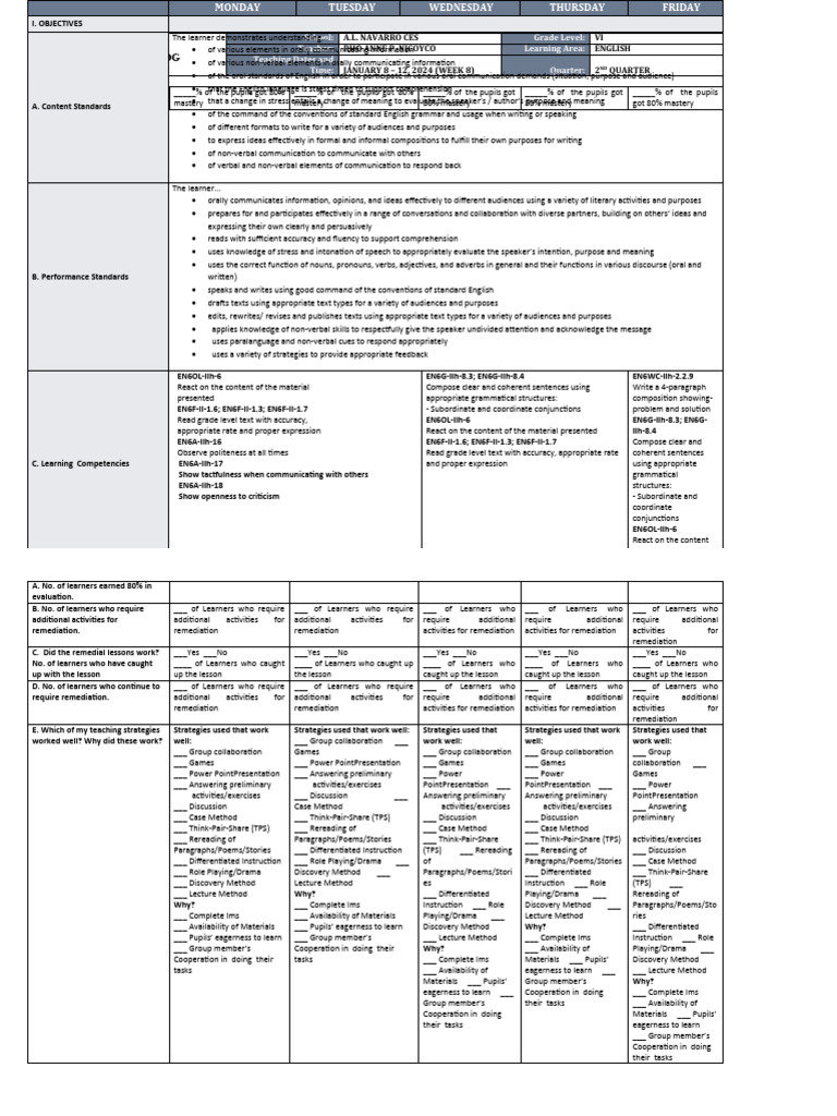 DLL - English 6 - Q2 - W8 | PDF | Nonverbal Communication | Learning