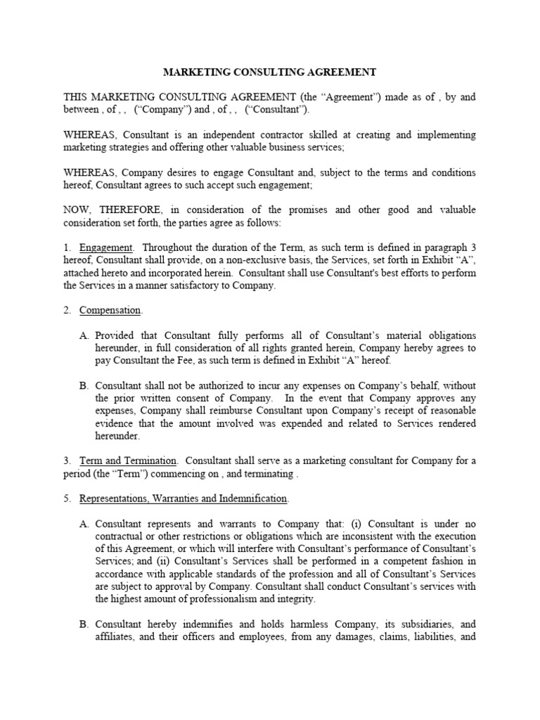 Marketing Consulting Agreement Template | PDF | Indemnity | Breach Of ...