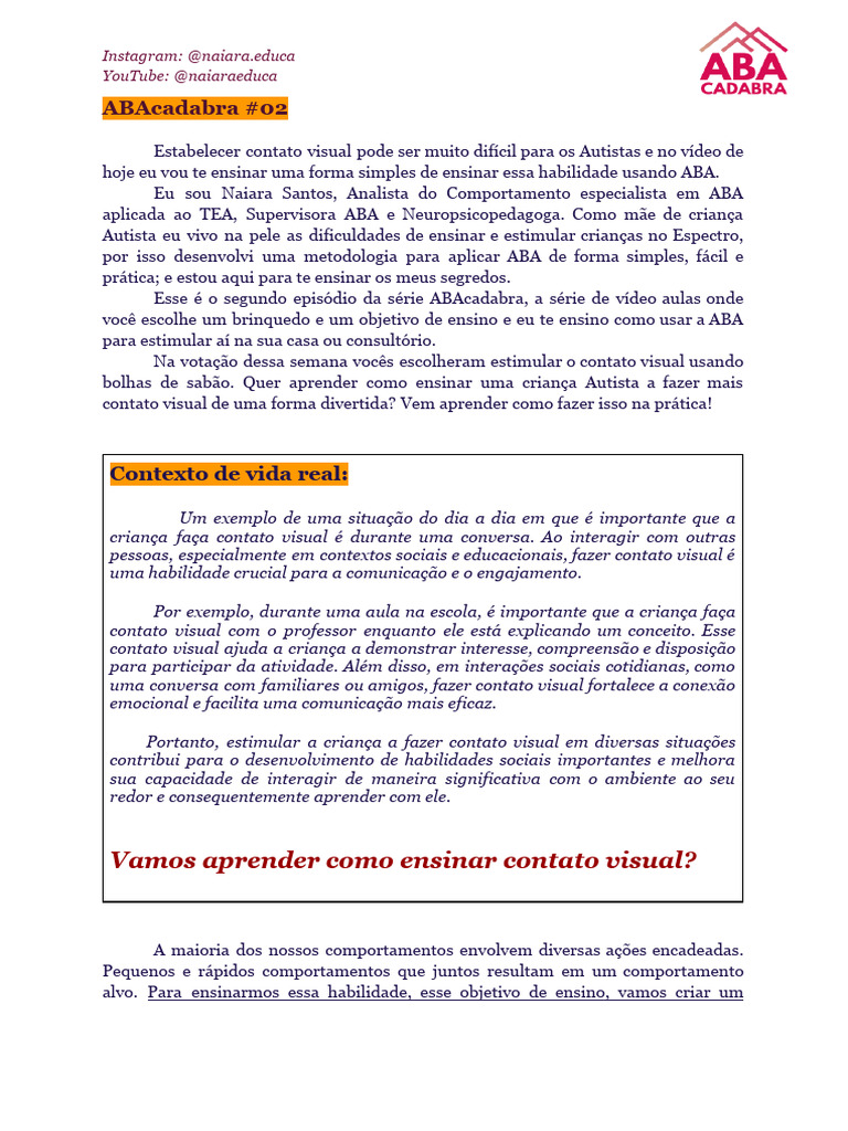Aba Cadabra (Metodologia de Auxilio Pra Contato Visual) | Download grátis PDF | Aprendizado ...