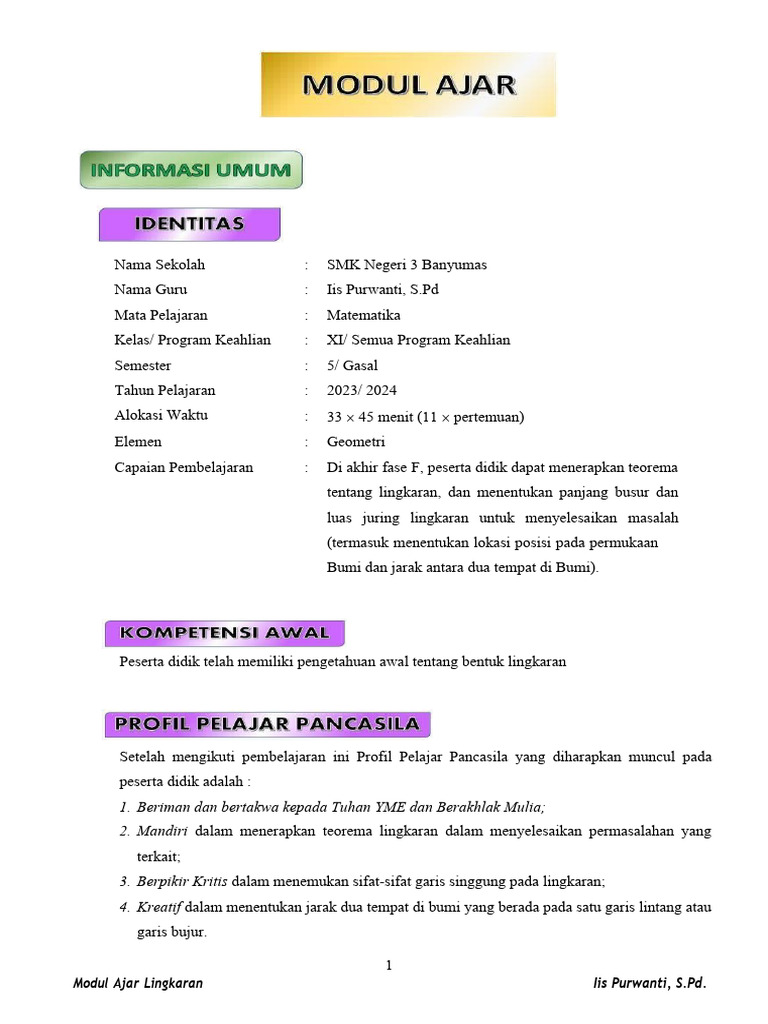 Modul Ajar Matematika - Lingkaran - Fase F | PDF