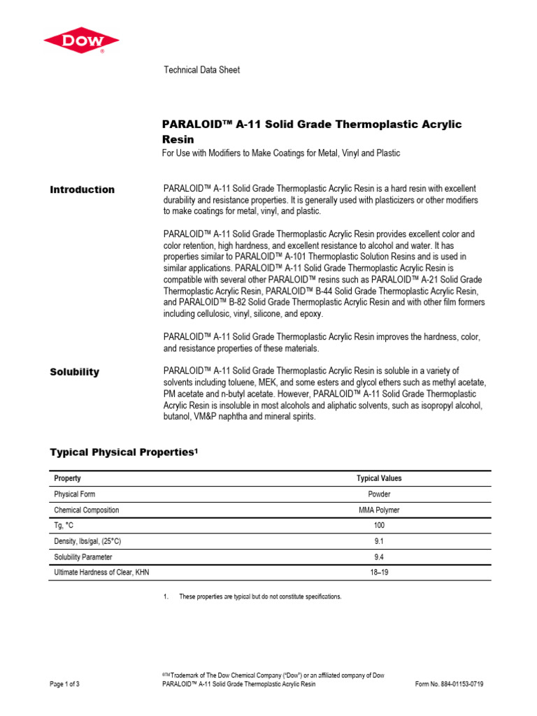 884 01153 01 Paraloid A11 Solid Grade Thermoplastic Acrylic Resin Tds ...