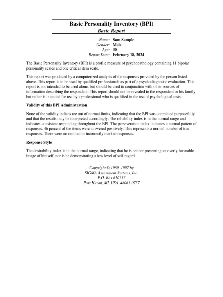 BPI Sample Report | PDF | Mental Health | Cognition