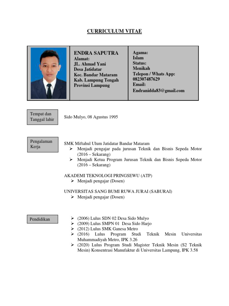 CV Endra Saputra: Dosen dan Pengajar Teknik | PDF
