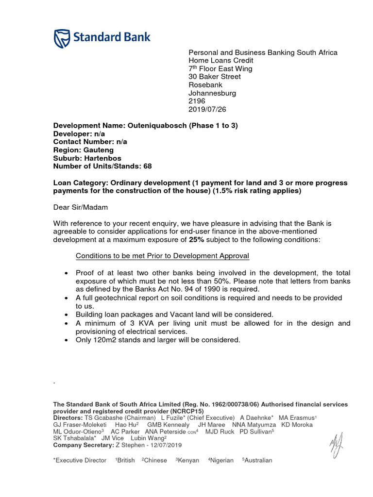 Standard Bank Approval Letter Outeniquasbosch | PDF | Loans | Banks