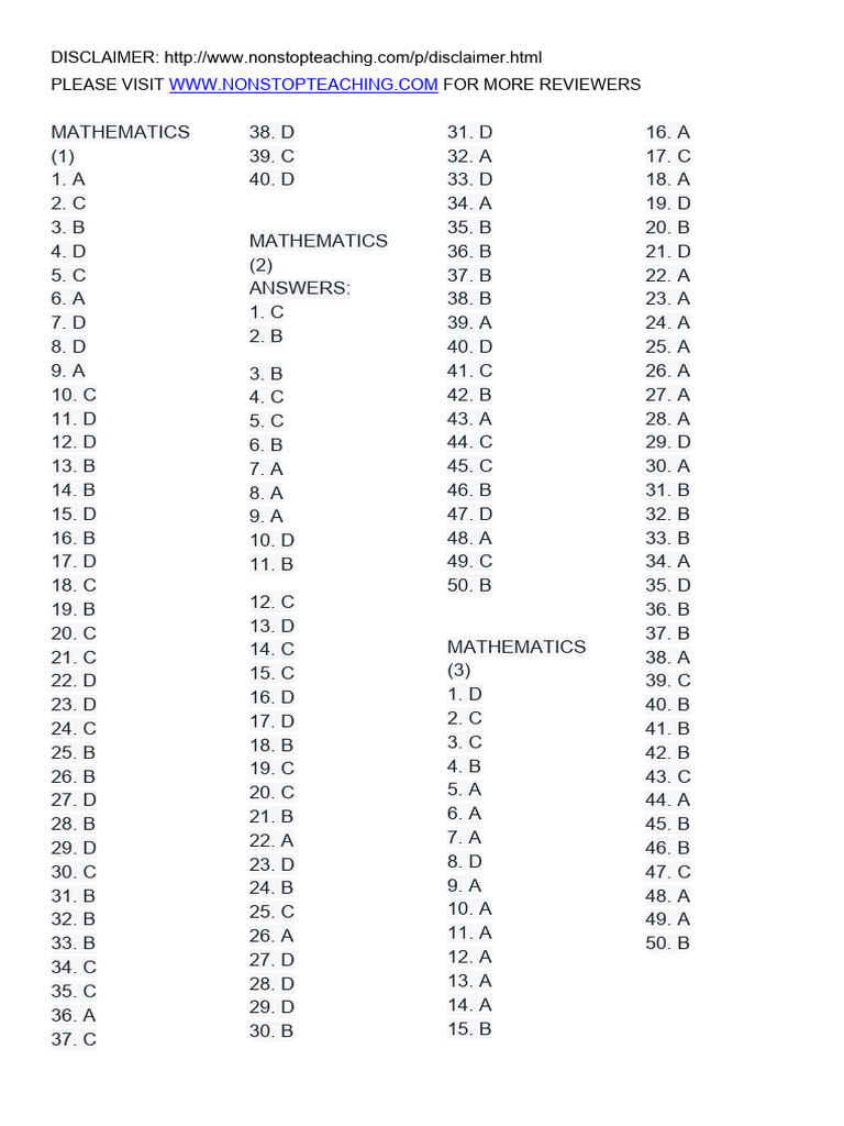LET Reviewer Mathematics Answer Keys | PDF