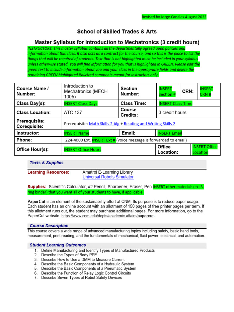 MECH 1005 Master Syllabus | PDF