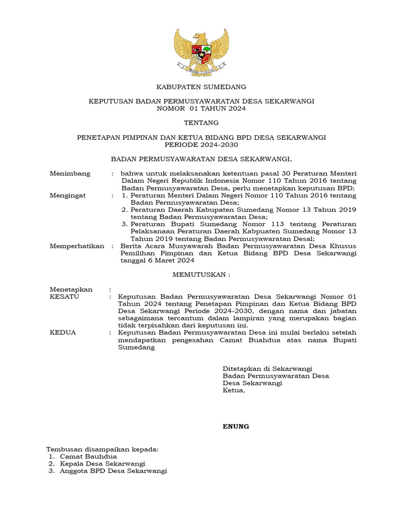 SK Penetapan Pimpinan Dan Ketua Bidang BPD | PDF