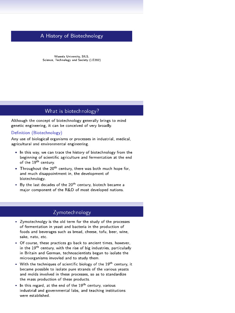 A History of Biotechnology - STS - Intro - 10 PDF | PDF