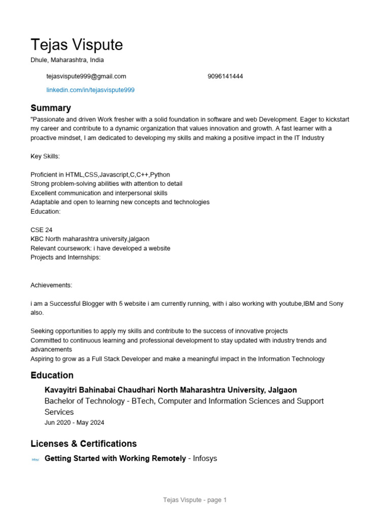 Resume Tejas Vispute | PDF