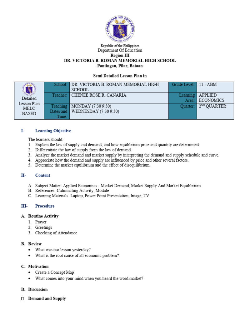 Market Demand and Supply Lesson Plan | PDF
