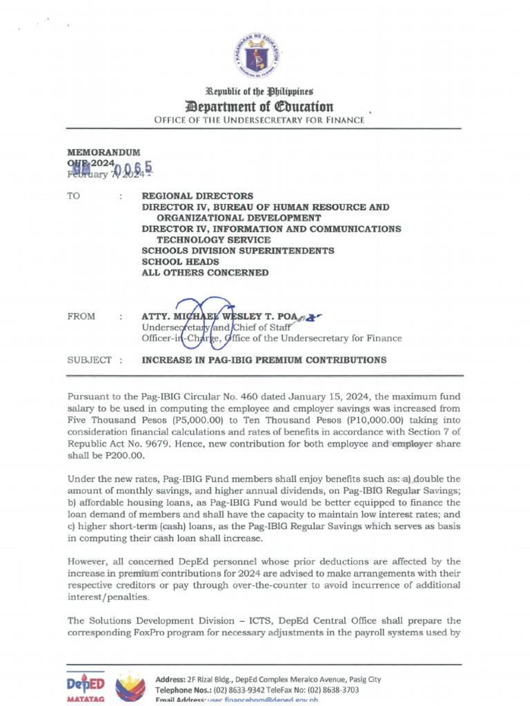 OUF 2024 0065 Increase in Pag IBIG Premium Contributions | PDF