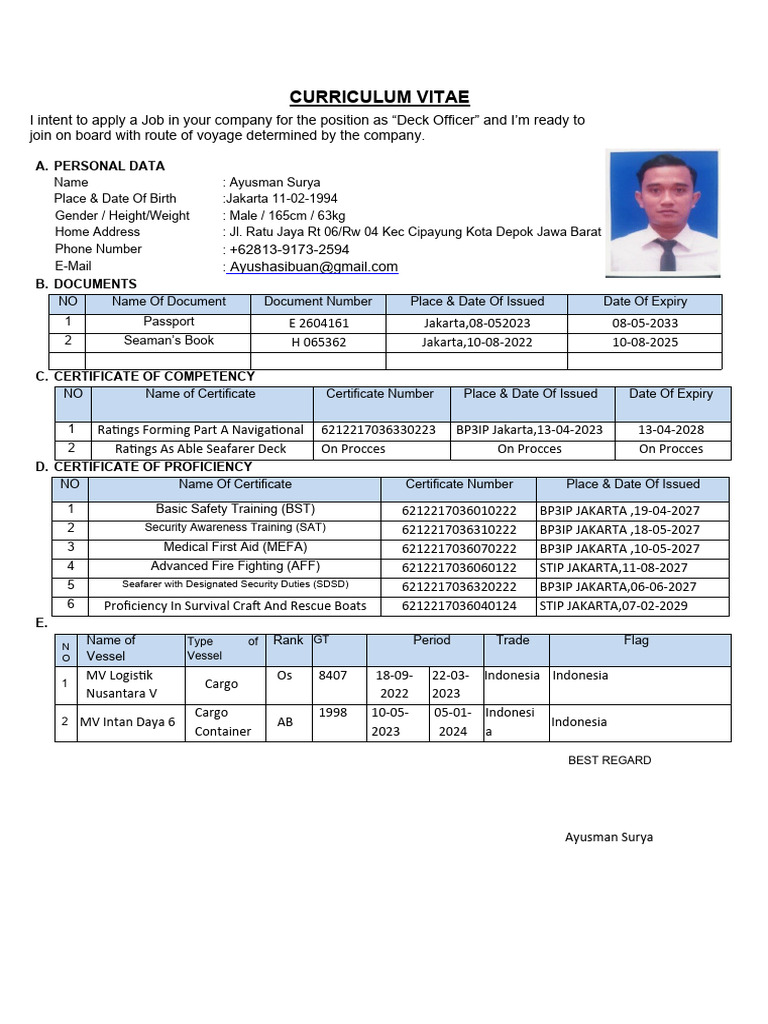 Deck Officer CV of Ayusman Surya | PDF | Sailor | Watercraft