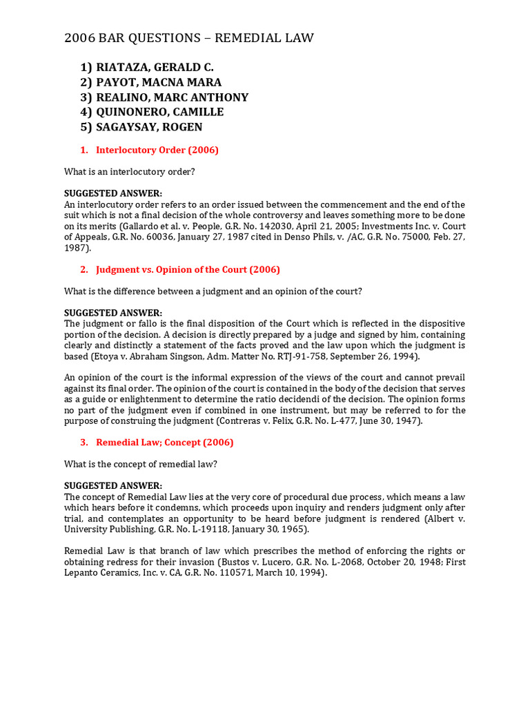 2006 Bar Exam Remedial Law Questions | PDF | Law