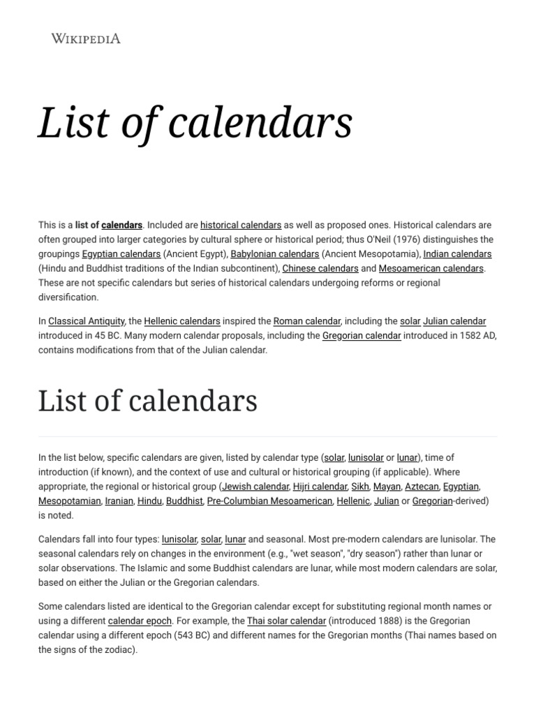List of Calendars - Wikipedia | PDF | Calendar