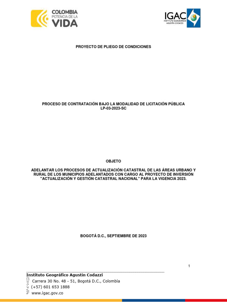 PROYECTO DE PLIEGO DE CONDICIONES | PDF | Colombia | Bogotá
