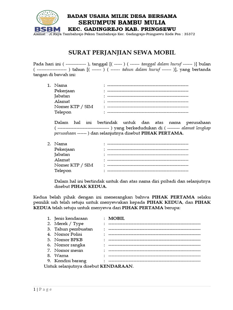 Contoh Surat Perjanjian Sewa Mobil | PDF