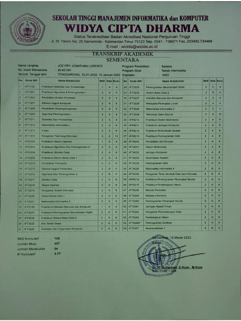 Transkrip Nilai Semester 6 | PDF