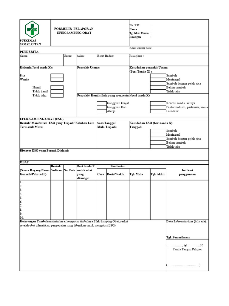 Form Efek Samping Obat PKM Samalantan | PDF