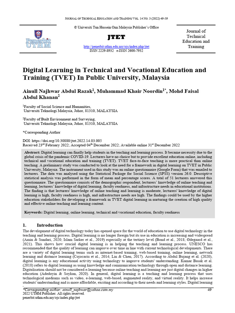 Digital Learning in Technical and Vocational Education and Training (TVET) in Public University ...