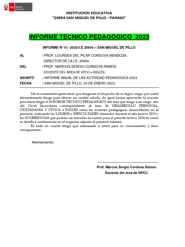 INFORME TECNICO PEDAGOGICO DPCC e INGLES | PDF | Evaluación | Aprendizaje