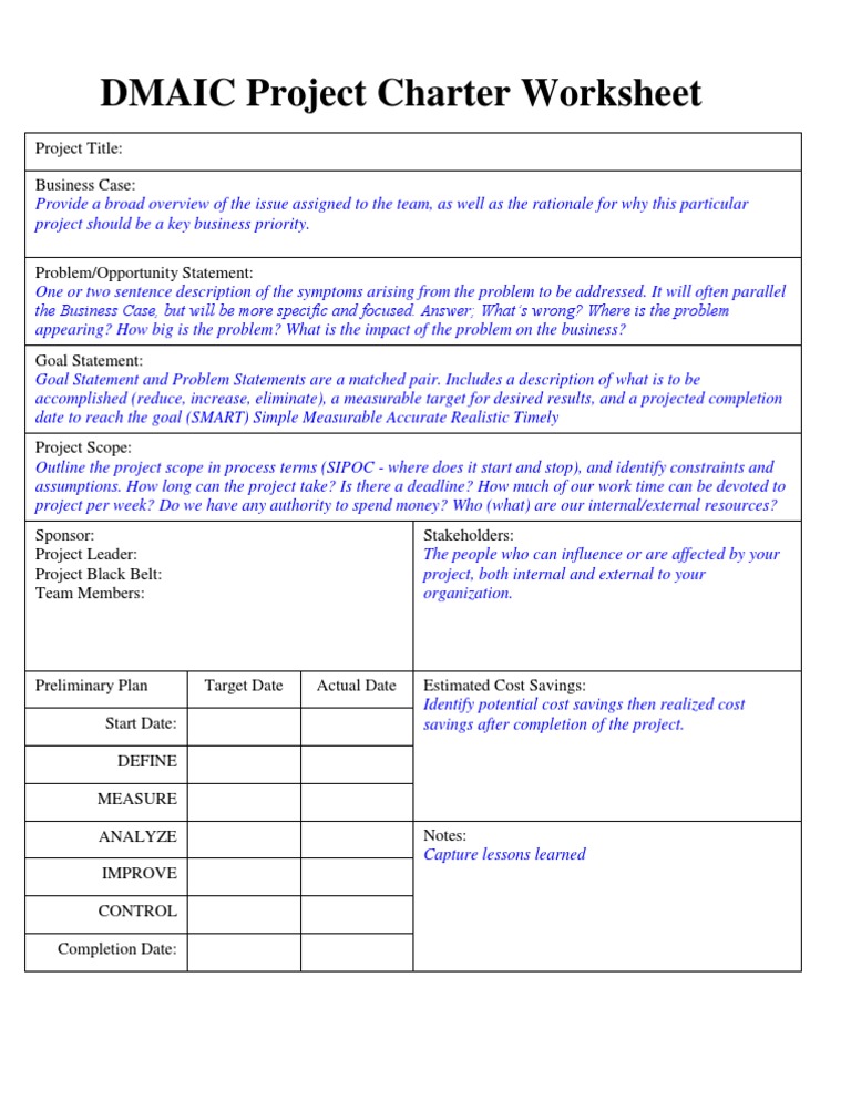 DMAIC Project Charter Worksheet | PDF