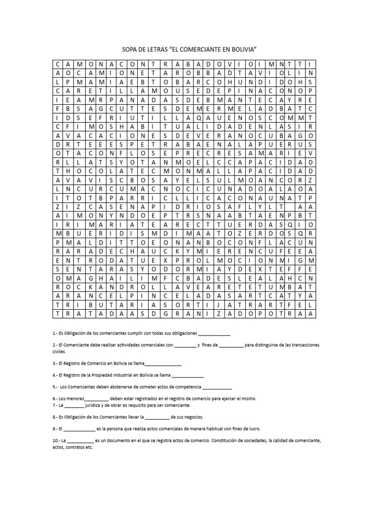 Sopa de Letras: Comerciantes en Bolivia | PDF | Artes del Lenguaje y ...