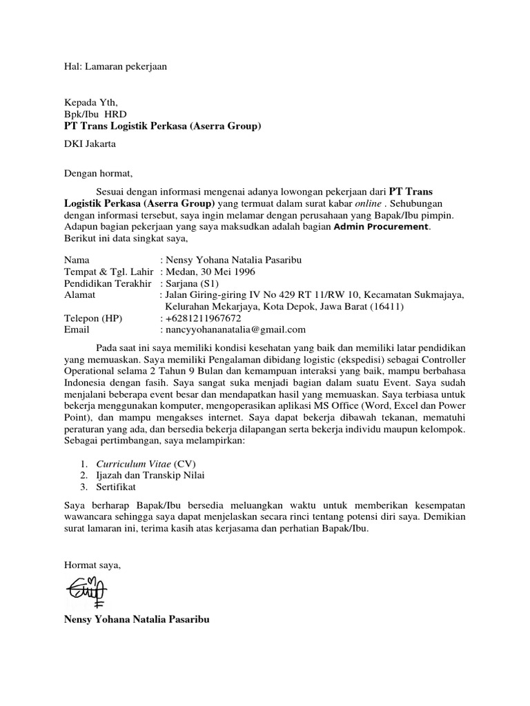 Surat Lamaran PT Trans Logistik Perkasa (Aserra Group) | PDF