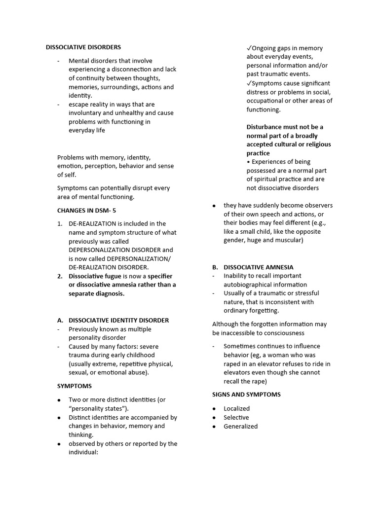Dissociative Disorders and Personality Disorders Notes | PDF ...