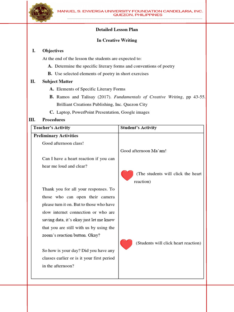 Creative Writing Lesson Plan: Poetry Elements | PDF | Metre (Poetry ...