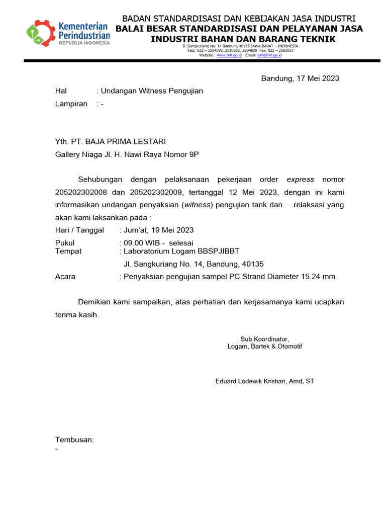 Undangan Witness Pengujian Tarik | PDF