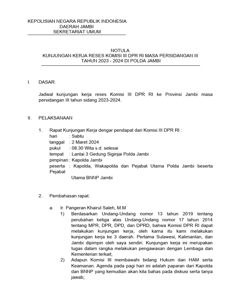 Notula Kunker Komisi 3 | PDF | Ilmu Sosial