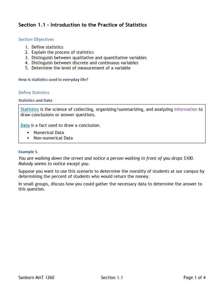 1.1 Intro Notes MAT 1260 | PDF | Statistics | Probability Distribution