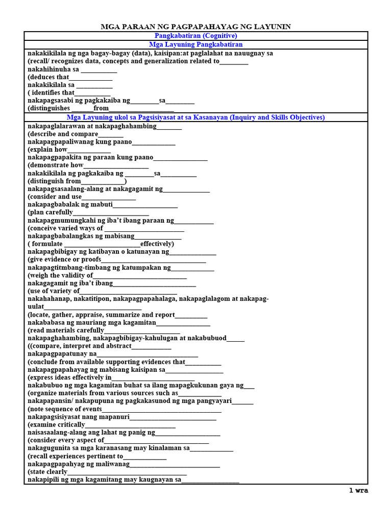 Blooms Taxonomy English Filipino 1 | PDF