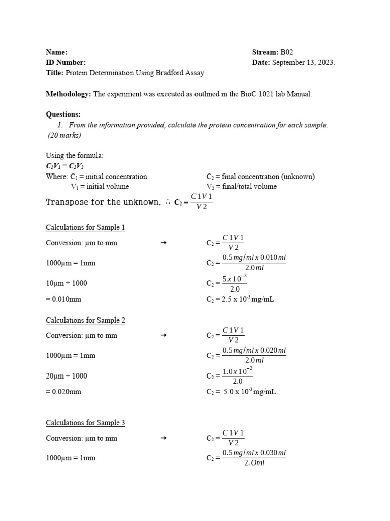 Biochemistry 1021 Lab Protein Determination Pdf Physical
